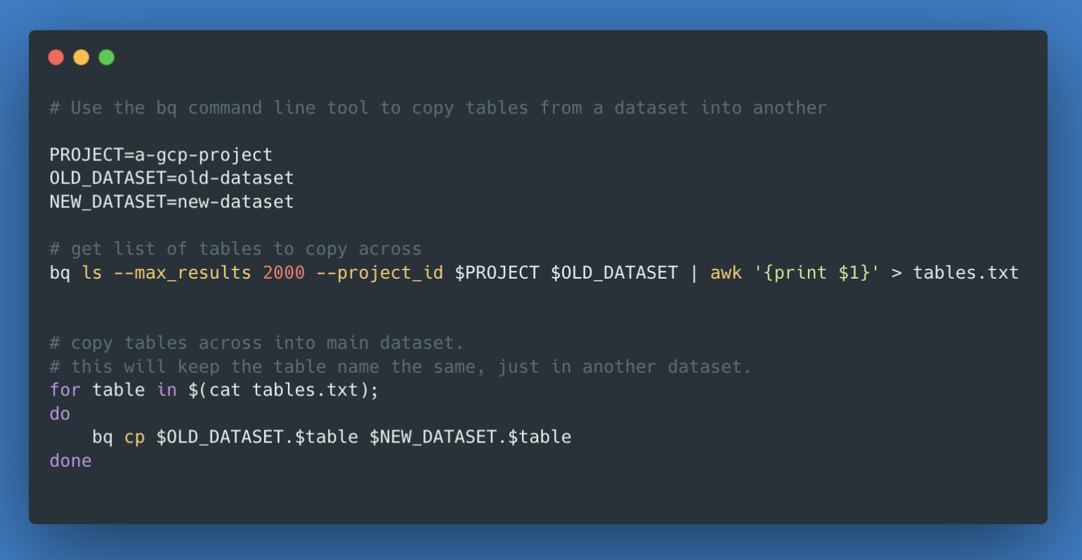 Copying BigQuery tables to a new dataset with bq command line tool ...
