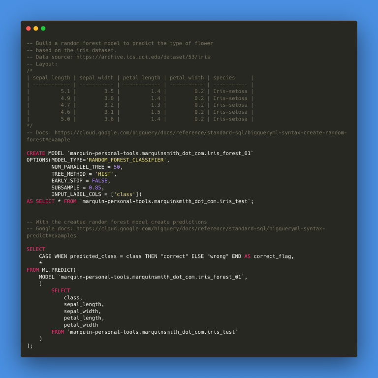 Create a Random Forest ML model in Bigquery and use it to make predictions | MarquinSmith